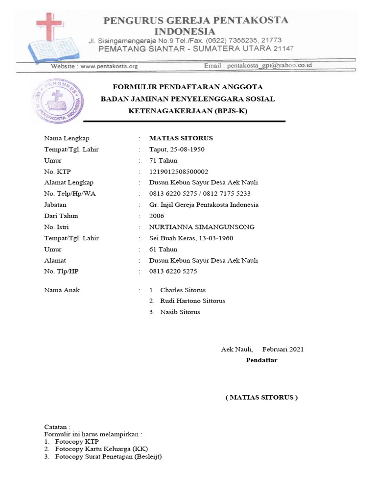 FORMULIR PENDAFTARAN ANGGOTA Gereja Gpi | PDF