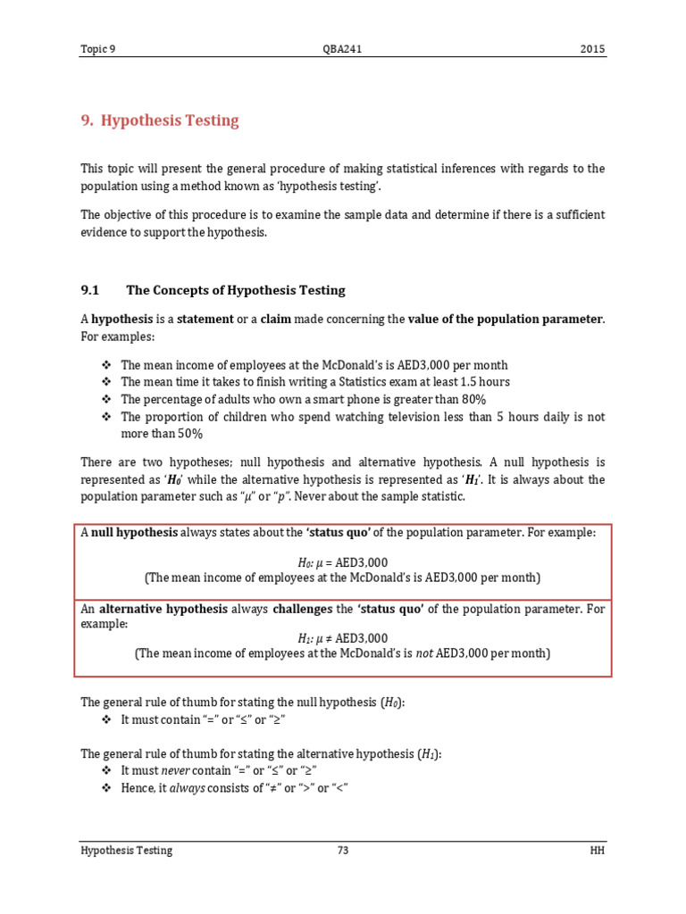 Topic 9 Hypothesis Testing Pdf Hypothesis Statistical Hypothesis