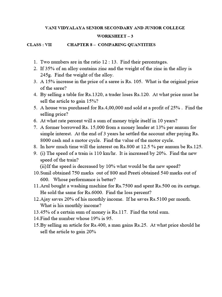WS - 7 - Comparing Quantities | PDF