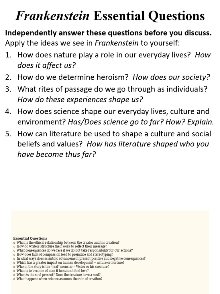 Frankenstein Essential Questions | PDF | Frankenstein