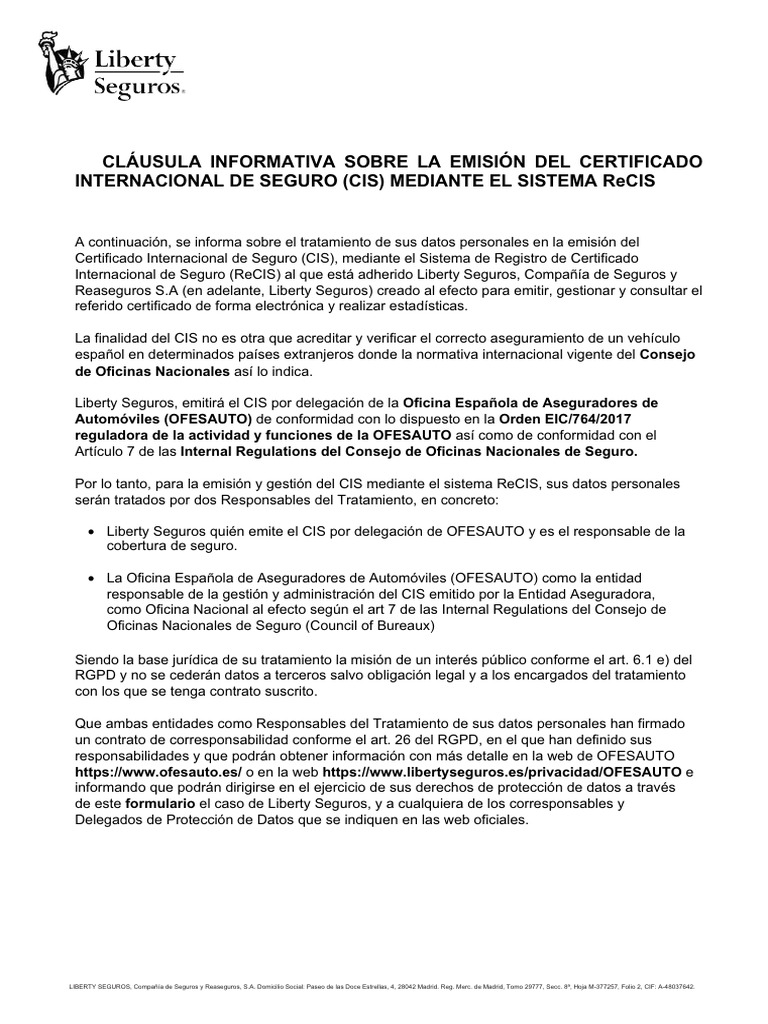 Cláusula informativa CIS | PDF | Póliza de seguros | Seguro