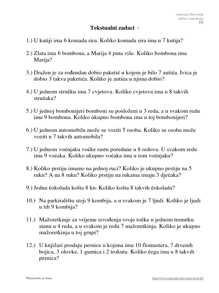 Tekstualni Zadaci Tablica Mnozenja Do 100 | PDF