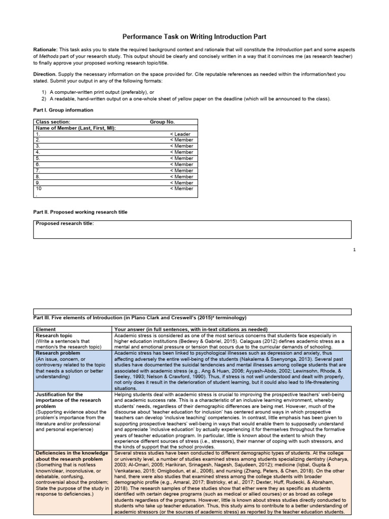 1 Performance Task Introduction Part | PDF