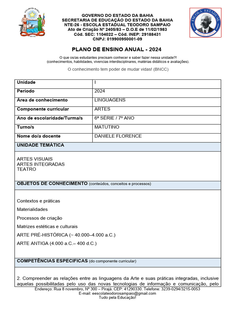 Plano De Ensino Anual 2024 7 Ano Artes Pdf Sociologia Herança 0655