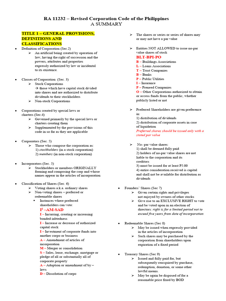 RA No. 11232 Summary | PDF | Board Of Directors | Stocks