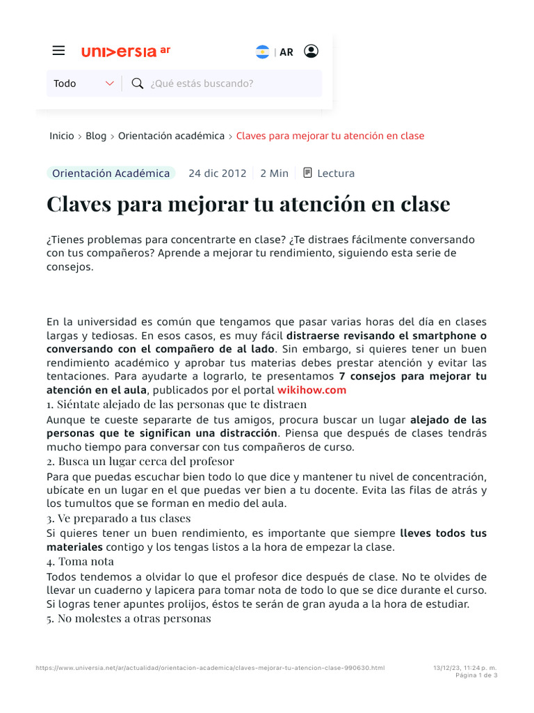 Mejora tu atención en clase: 7 consejos | PDF