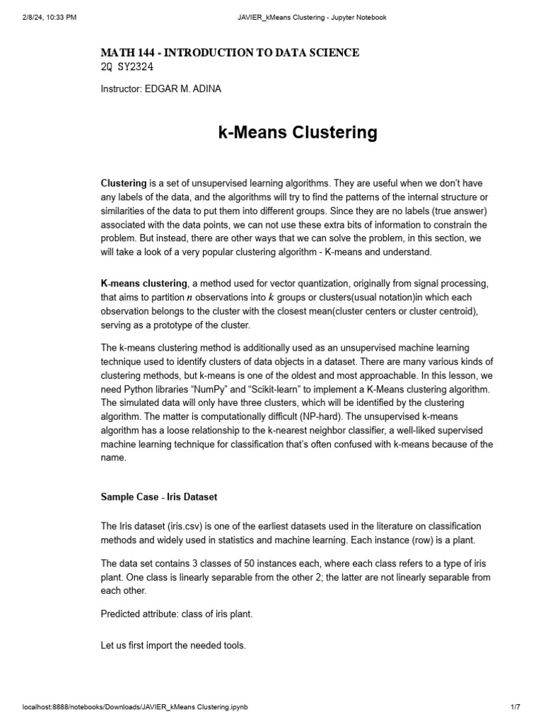 JAVIER KMeans Clustering Jupyter Notebook | PDF | Cluster Analysis | Computing