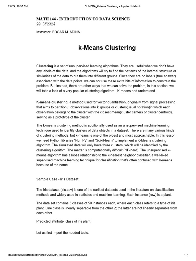 Sumera Kmeans Clustering Jupyter Notebook Pdf Cluster Analysis Machine Learning 