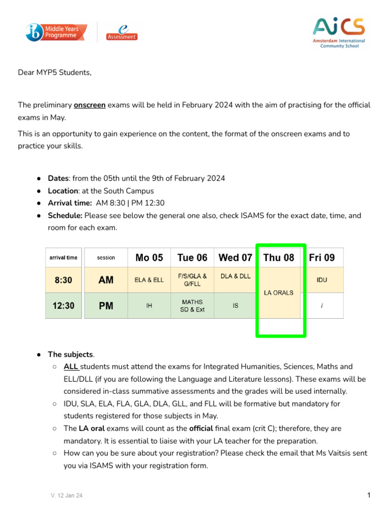 Info For MYP5 Students Prelims 2024 | PDF | Schools | Learning
