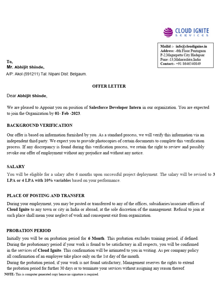 Offer Letter for Salesforce Developer Intern | PDF | Business | Justice