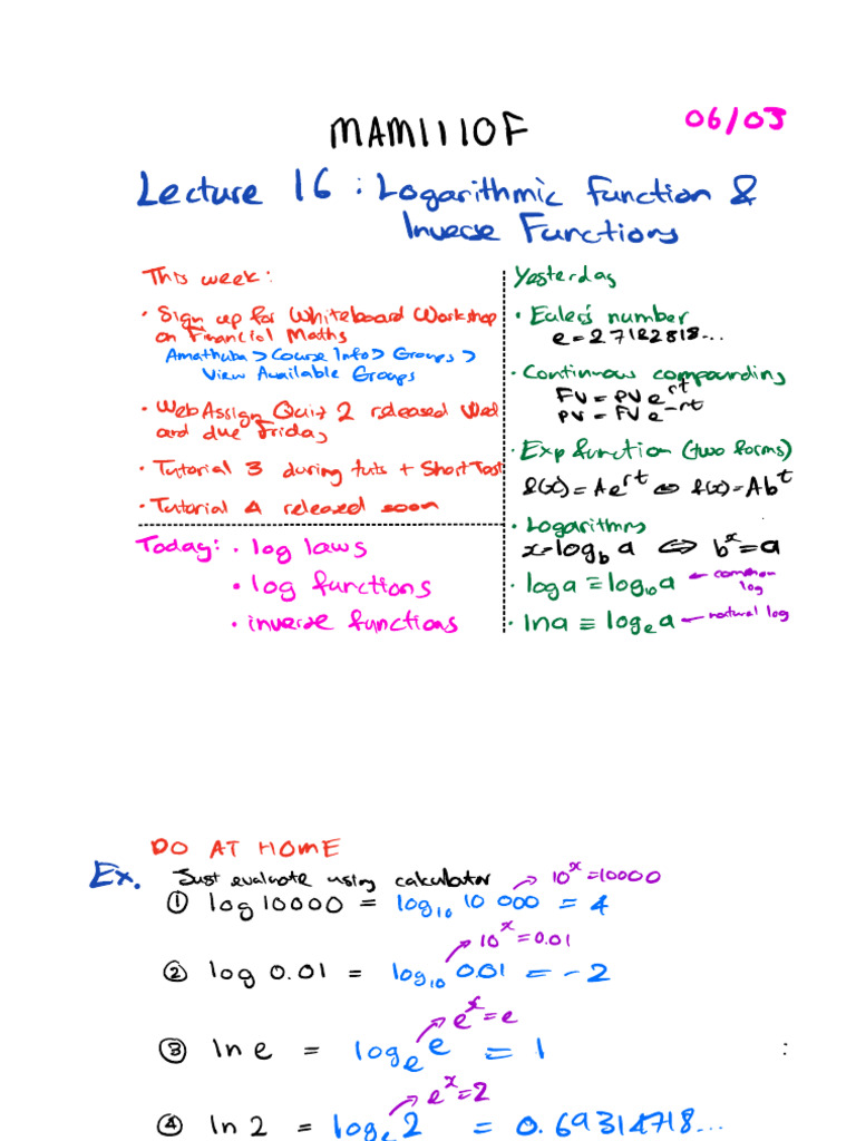 Lecture 16 - Logarithmic Functions | PDF | Logarithm | Function (Mathematics)