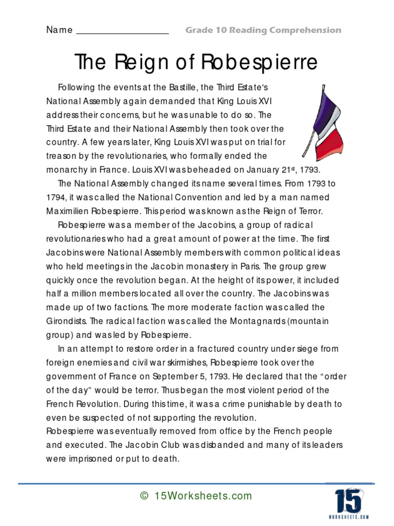 The Reign of Robespierre: Grade 10 Reading Comprehension | PDF ...