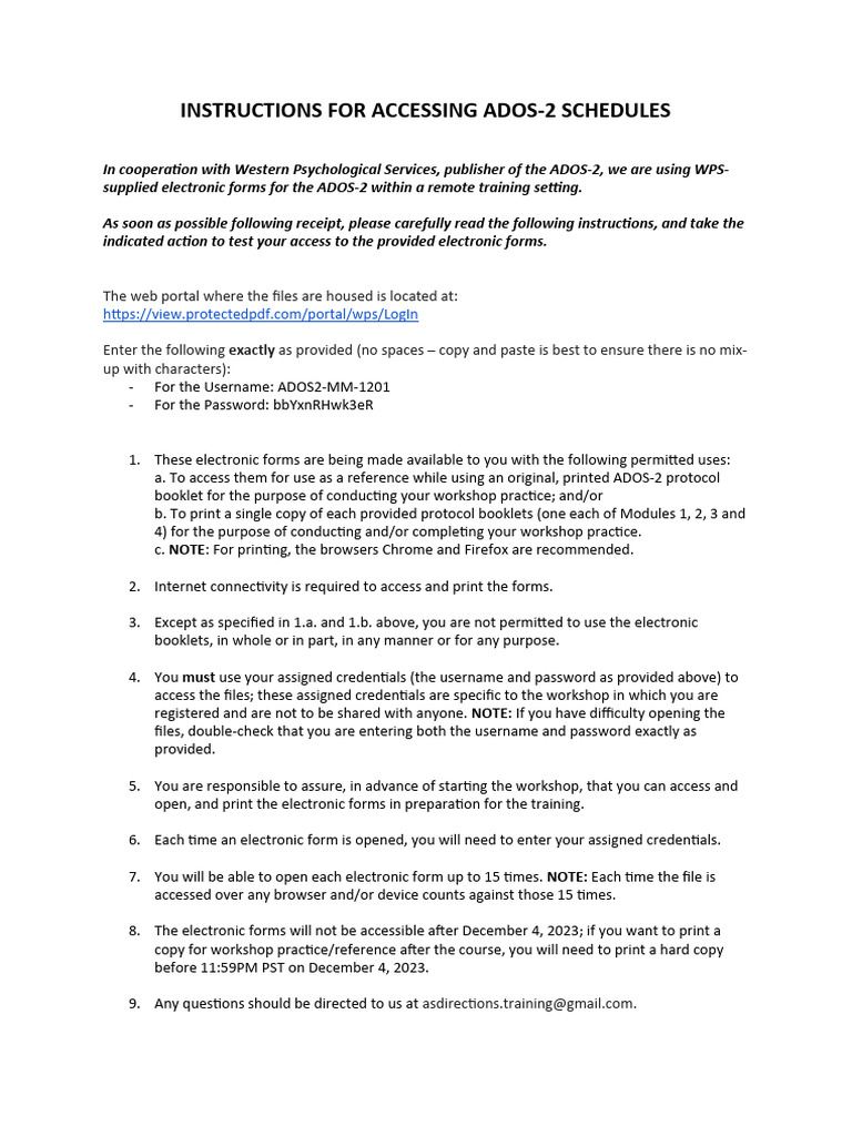 ADOS-2 Schedule Instructions 1-2 Dec | Download Free PDF | Password ...