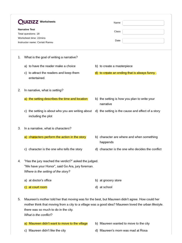 Narrative Test - Quizizz | PDF