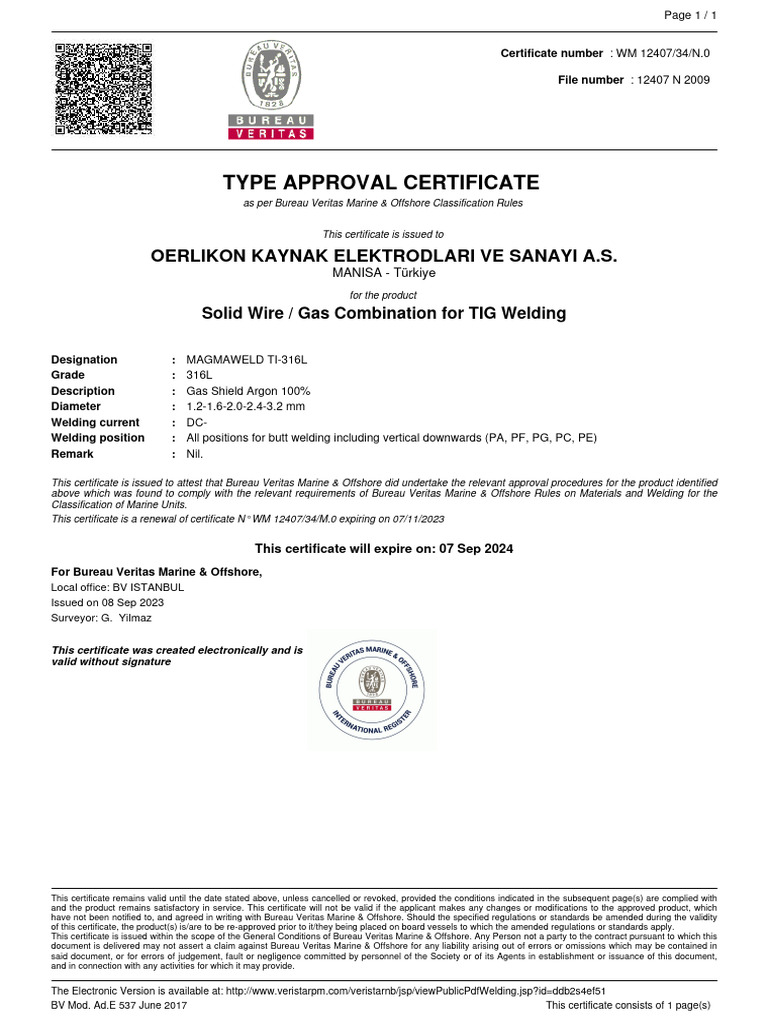 Type Approval Certificate: Oerlikon Kaynak Elektrodlari Ve Sanayi A.S | PDF | Welding | Construction