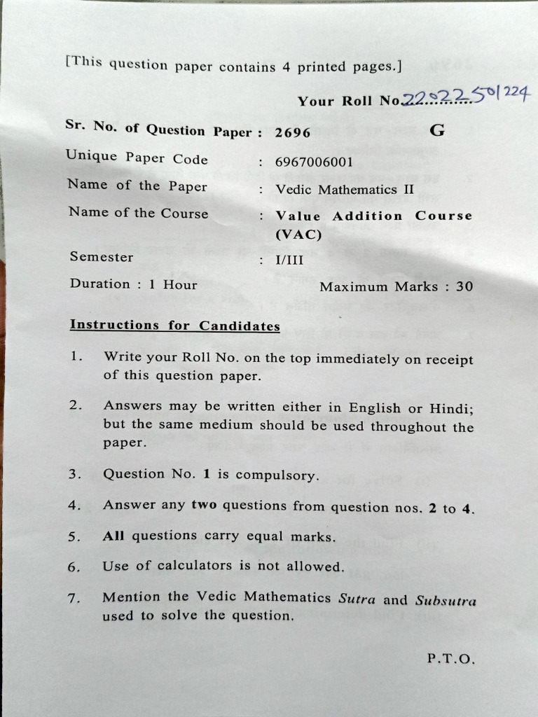 Vedic Mathematics-II (Ouestion Paper) | PDF | Mathematical Concepts ...