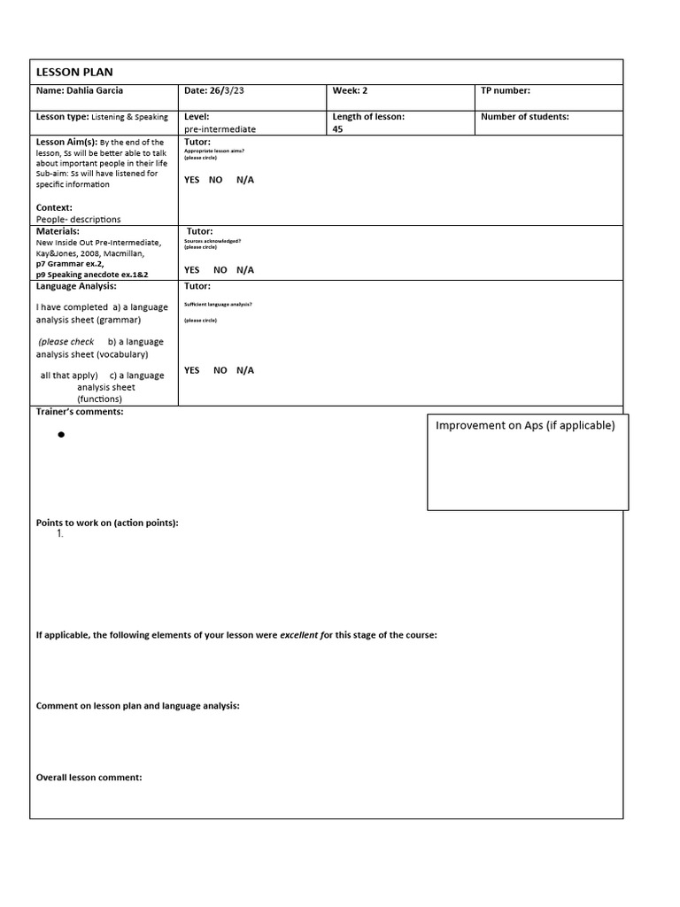 Lesson plan TP1 (1) | PDF | Lesson Plan | Adjective