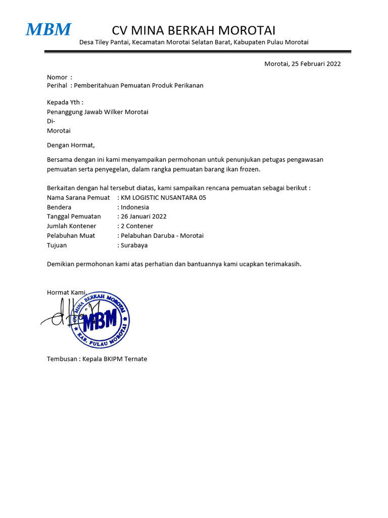 Surat Pemberitahuan Pemuatan MBM | PDF