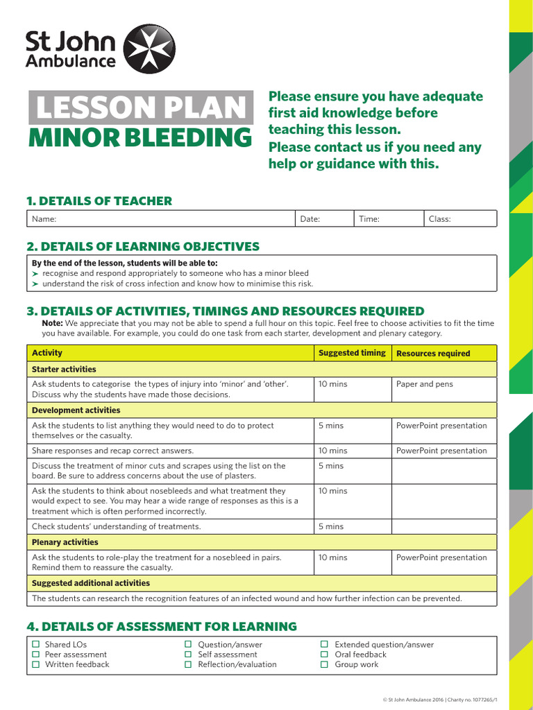 Minor Bleeding First Aid Lesson Plan | PDF | Lesson Plan | Cognitive ...