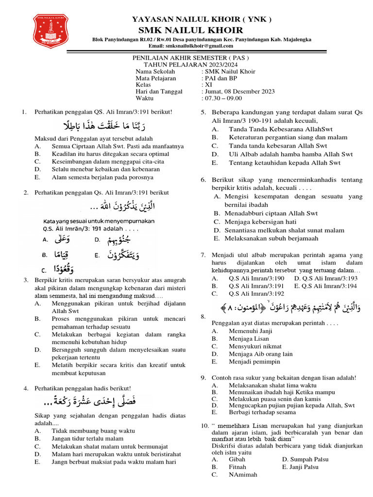 SOal PAS PAI Kelas XI 2023 | PDF