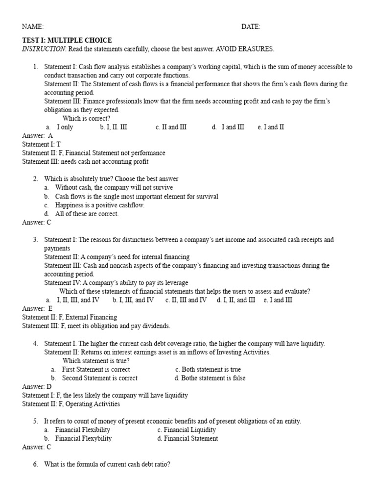 Cash Flow Analysis and Assessment Test | PDF | Debt | Investing