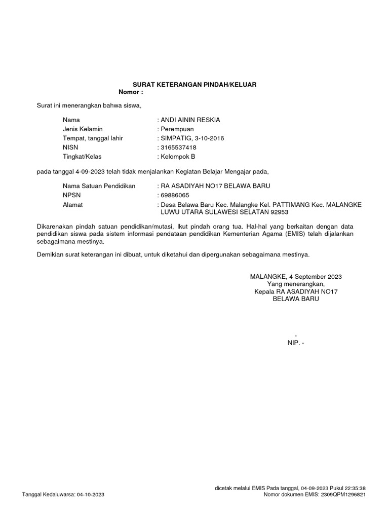Mutasi Keluar - Surat Keterangan - ANDI AININ RESKIA | PDF