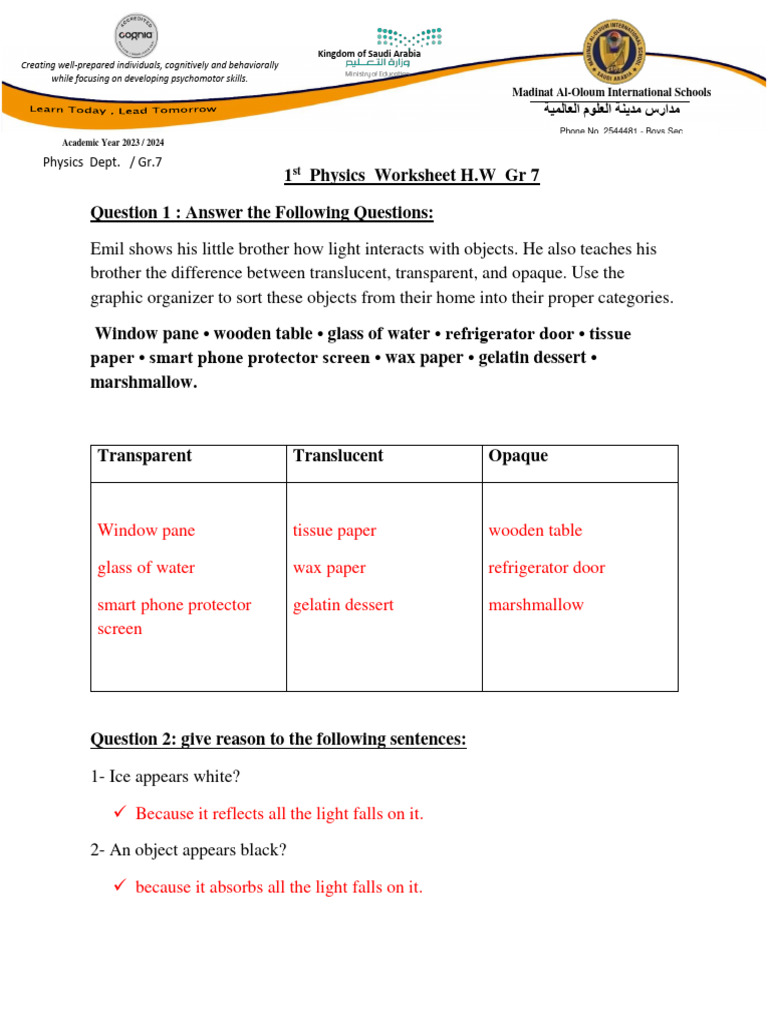 1st Physics Worksheet H.W Model Answer | PDF | Color