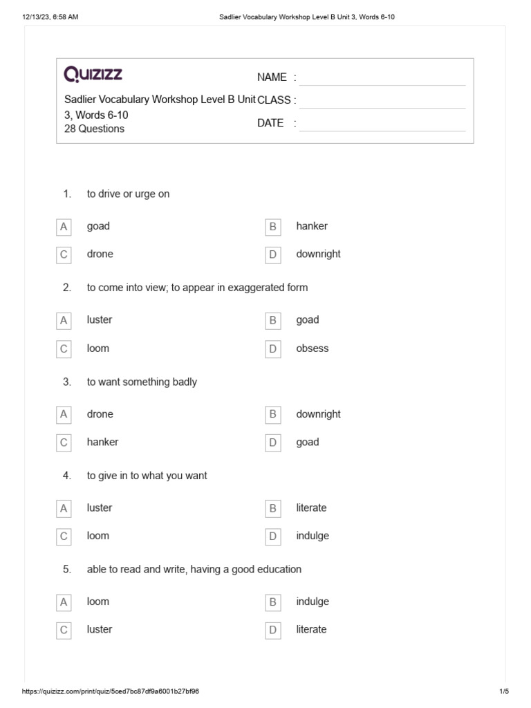 Sadlier Vocabulary Workshop Level B Unit 3, Words 6-10 | PDF