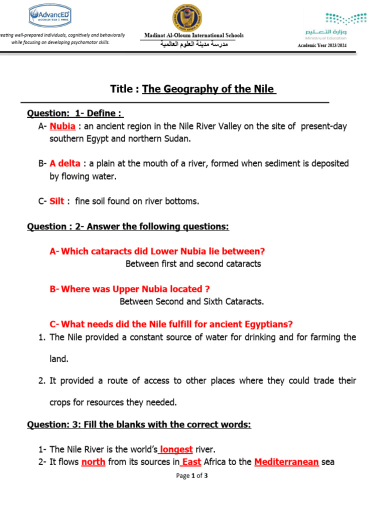 The Geography of The Nile, Worksheet (Modified) | PDF | Nile | Egypt