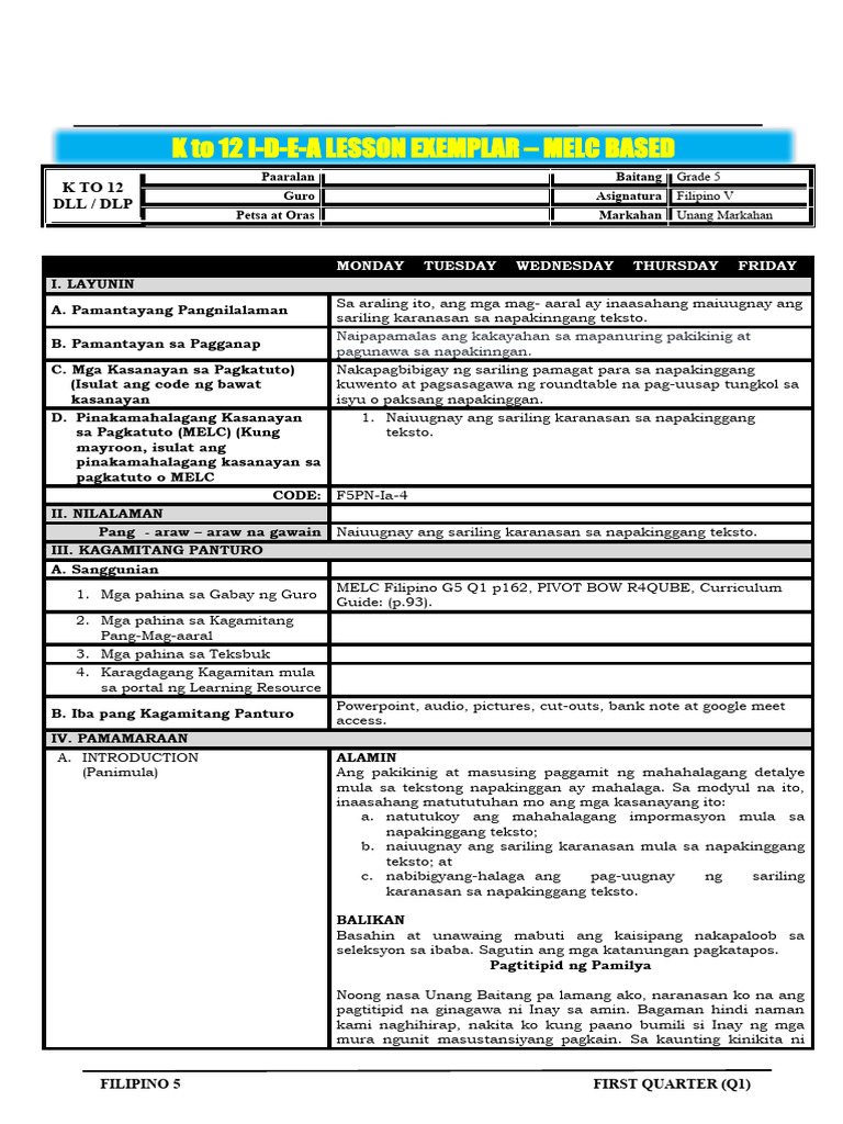 Lesson Exemplar Filipino 5 - q1 | PDF