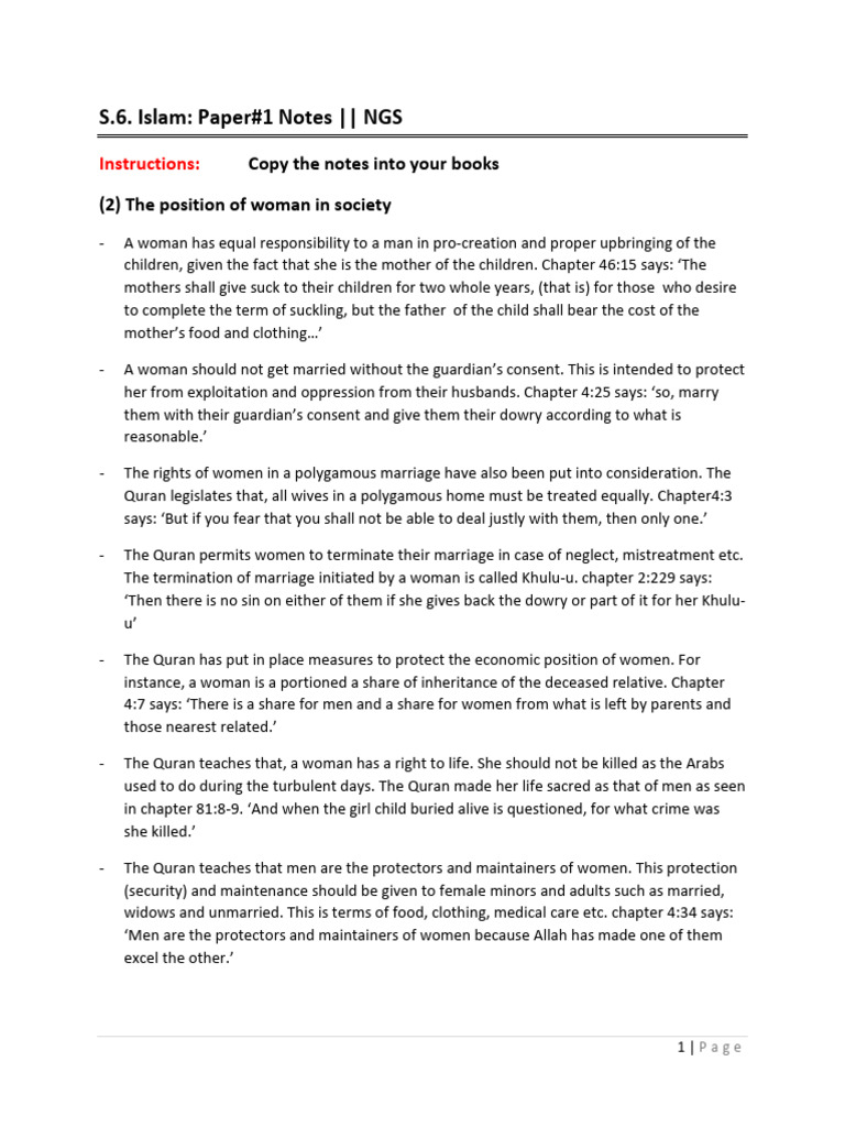 s.6 Islam Paper 1 Notes 2020 by Teacher Miiro | PDF | Muhammad | Marriage