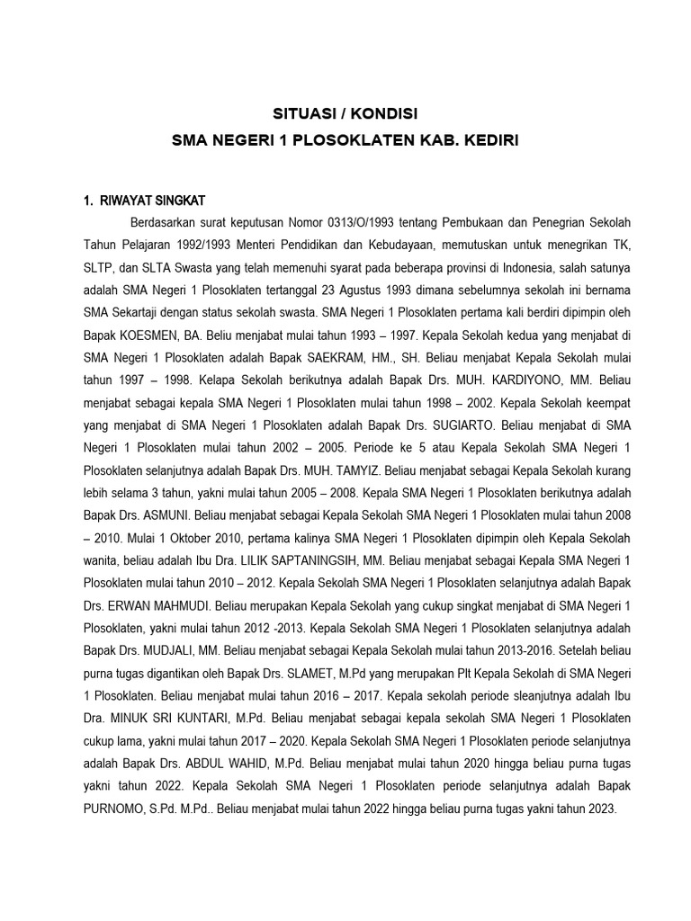 Sejarah Singkat Sman 1 Plosoklaten | PDF