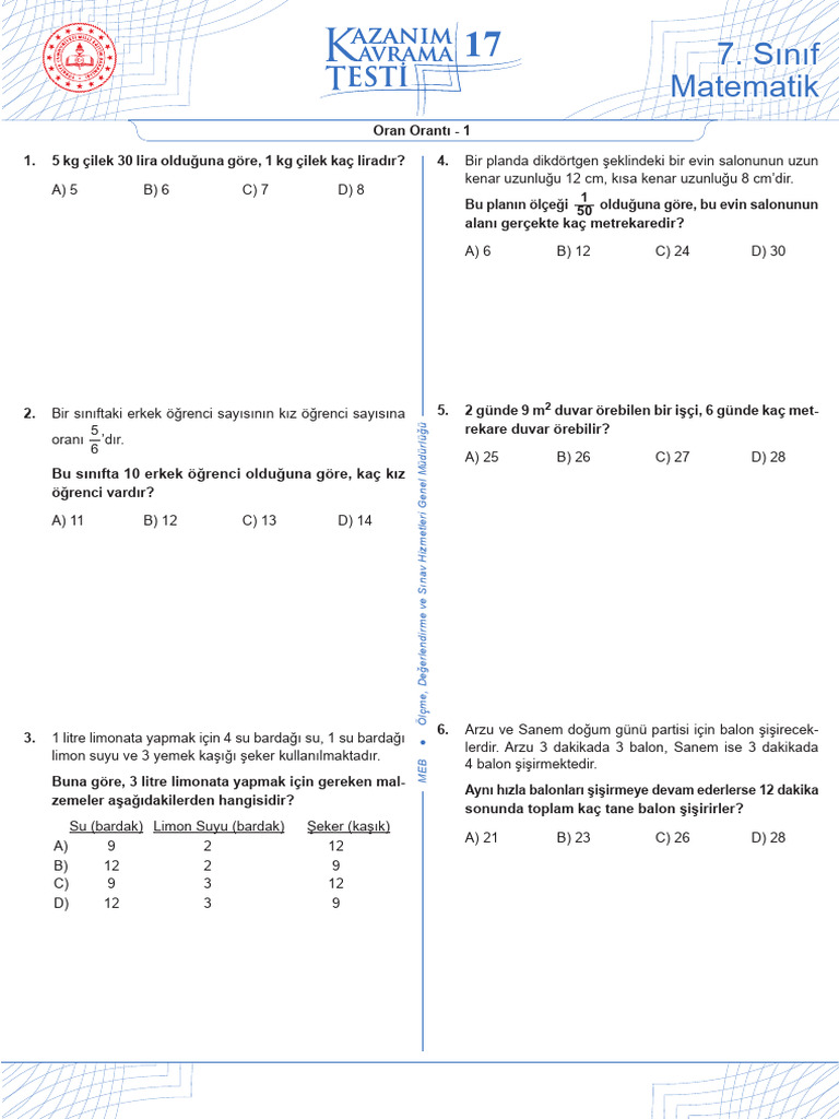 Matematik 7 Kazanim Kavrama 17 Oran Oranti | PDF