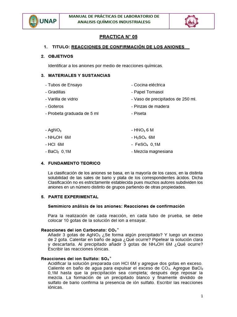 PRACTICA N°5 Aniones-Quimica Analitica I FIQ II-2023 | PDF | Precipitación (Química) | Ácido