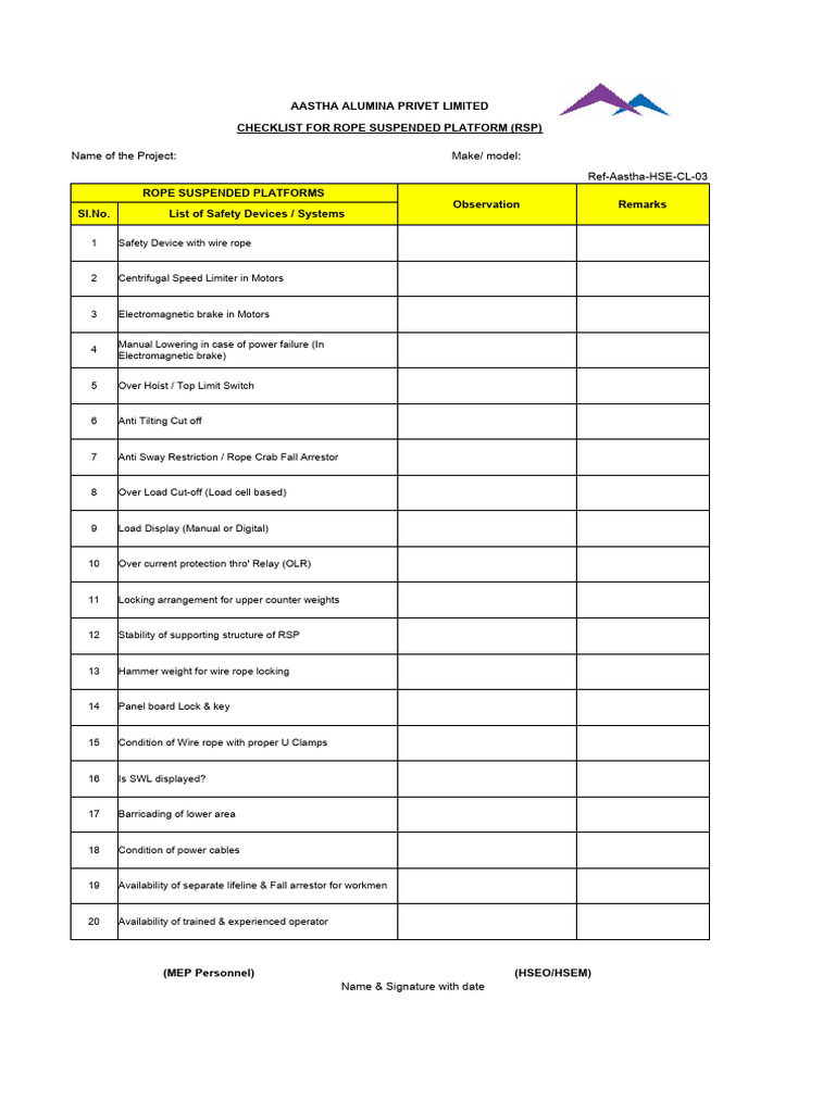 Checklist For Rope Suspended Platform (RSP) | PDF