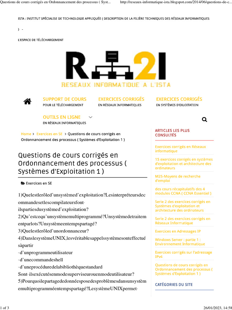 Questions de Cours Corrigés en Ordonnancement Des Processus (Systèmes D'exploitation 1 ...