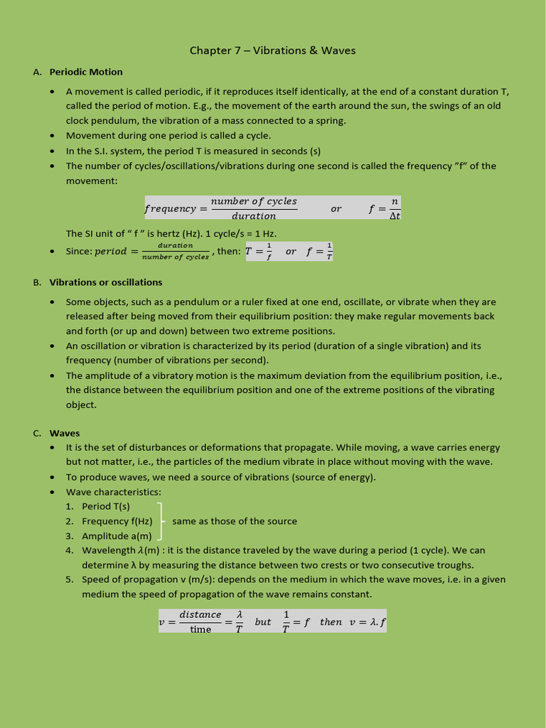 Summary - Ch7 - Vibrations &amp; Waves | PDF | Waves | Frequency