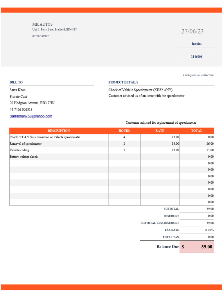 Mechanic Invoice for Speedometer Repair | PDF | Transport | Vehicles