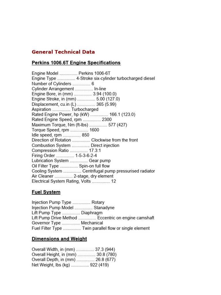 Perkins 1006-6T Engine Specifications | PDF | Engines | Pump