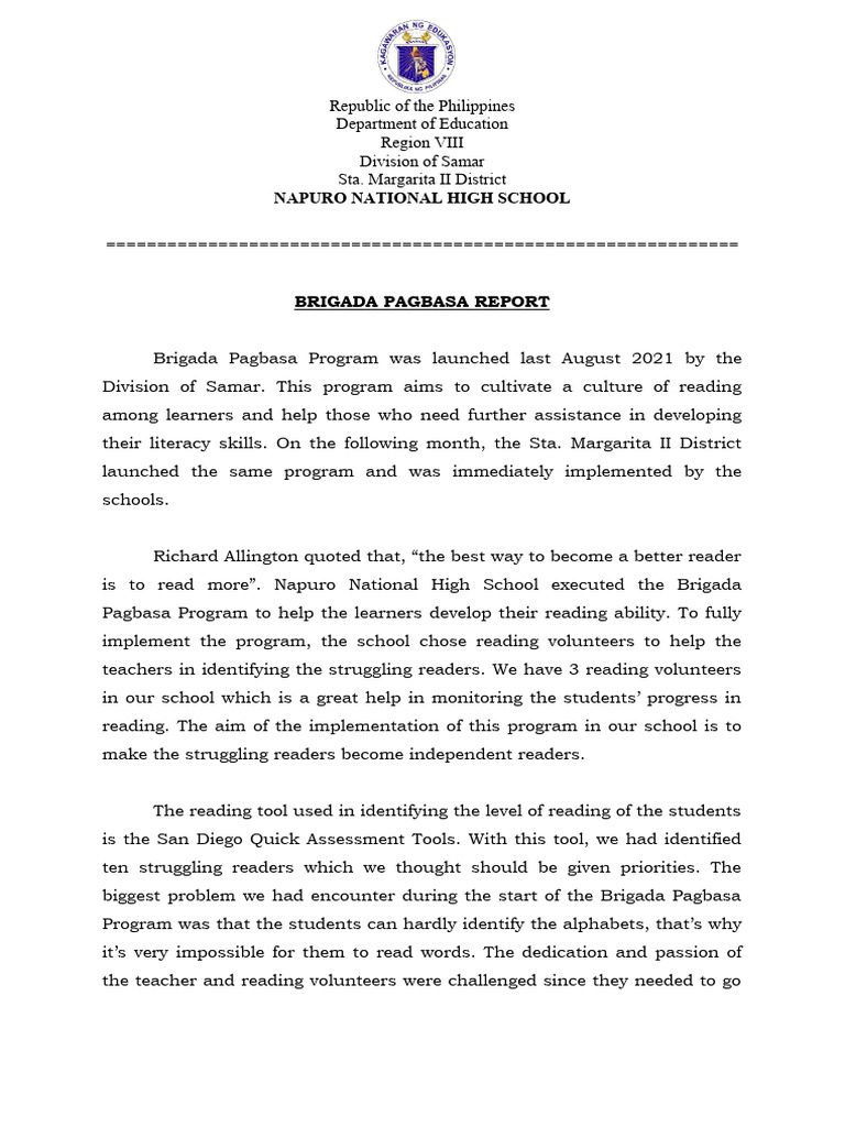 Brigada Pagbasa Report: Literacy Program | PDF