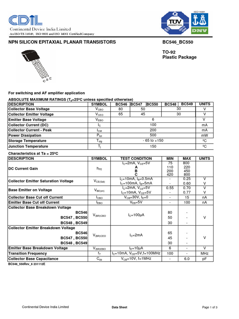 BC546 50 | PDF | Bipolar Junction Transistor | Computer Engineering
