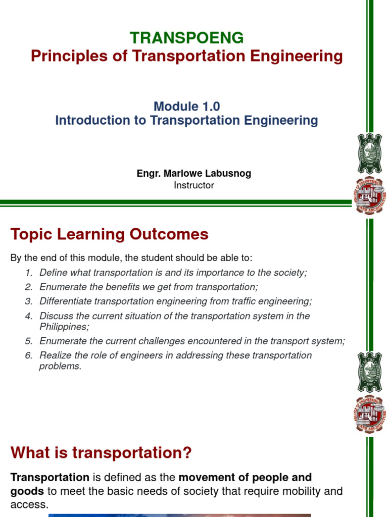 TRANSPOENG Module 1.0 - Introduction To Transportation Engineering | PDF | Transport | Cargo