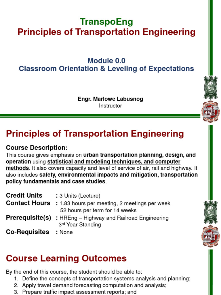 TRANSPOENG Module 0.0 - Classroom Orientation & Leveling of Expectations | PDF | Transport