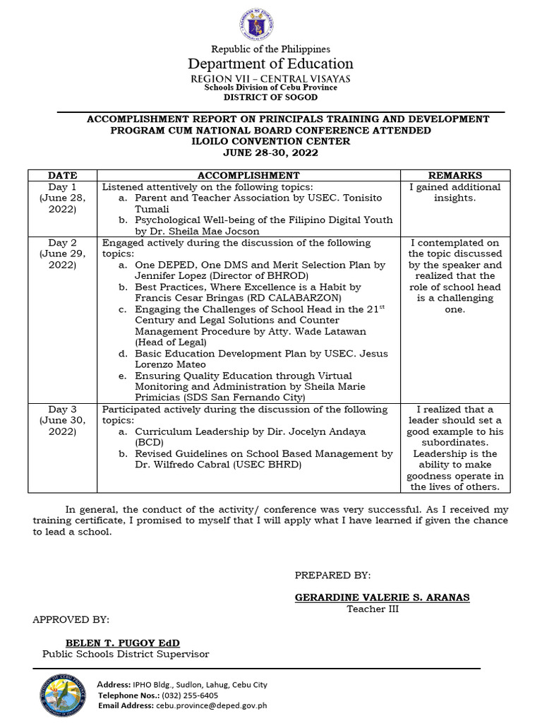 Principals Training Accomplishment Report | PDF