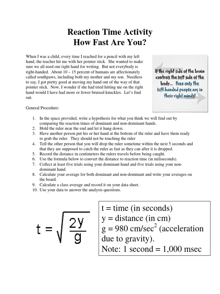 Reaction Time Data Sheet | PDF | Experiment | Handedness