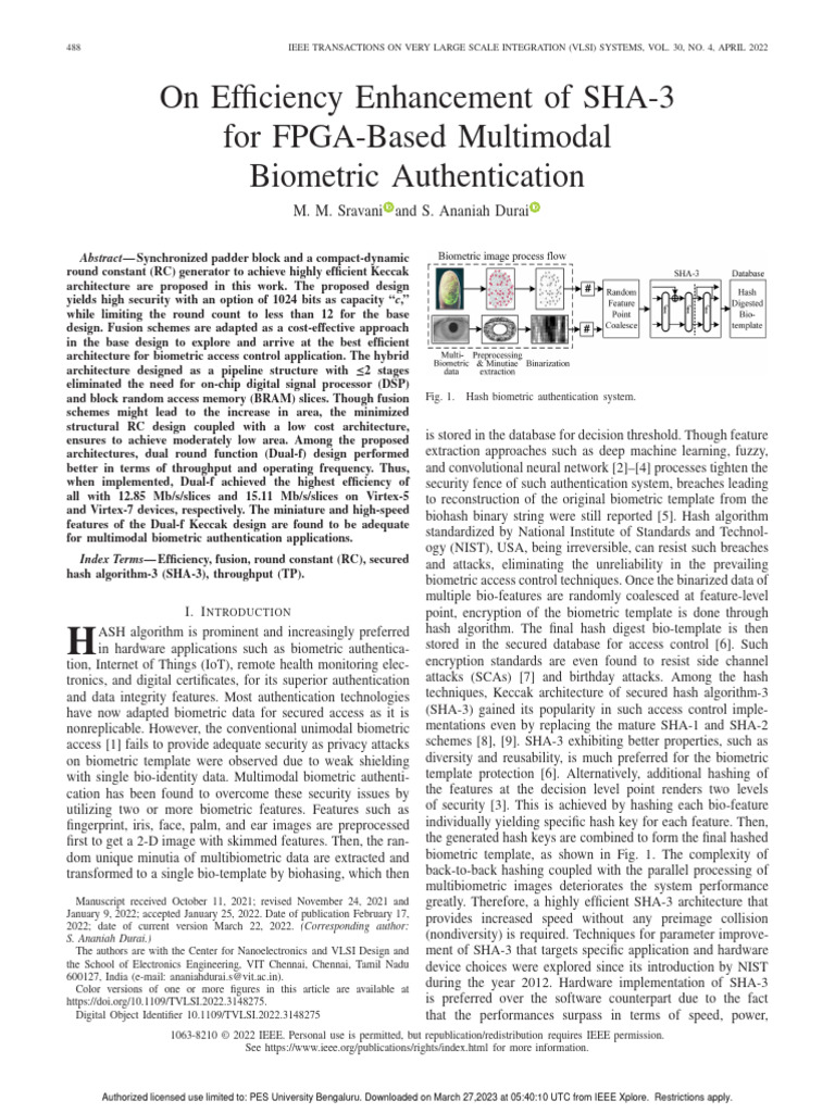 On Efficiency Enhancement of SHA-3 For FPGA-Based Multimodal Biometric Authentication | PDF ...