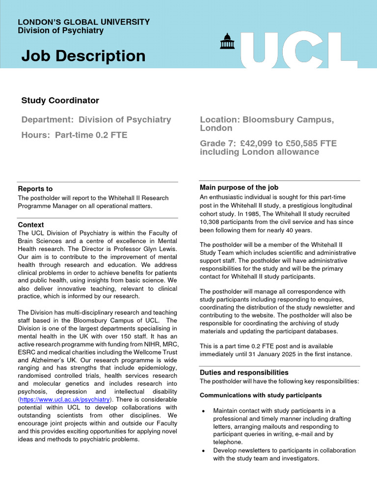 Study Coordinator Job Description and Personal Specifcation | PDF ...