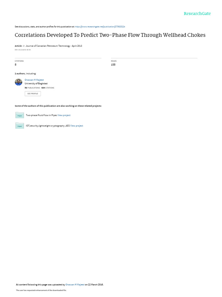 Correlations Developed To Predict Two-Phase Flow Through Wellhead Chokes | PDF | Errors And ...