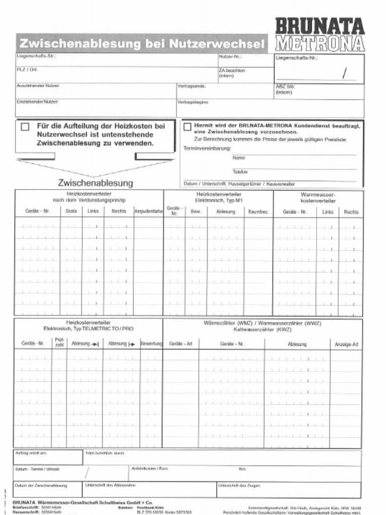 Brunata Ableseformular | PDF