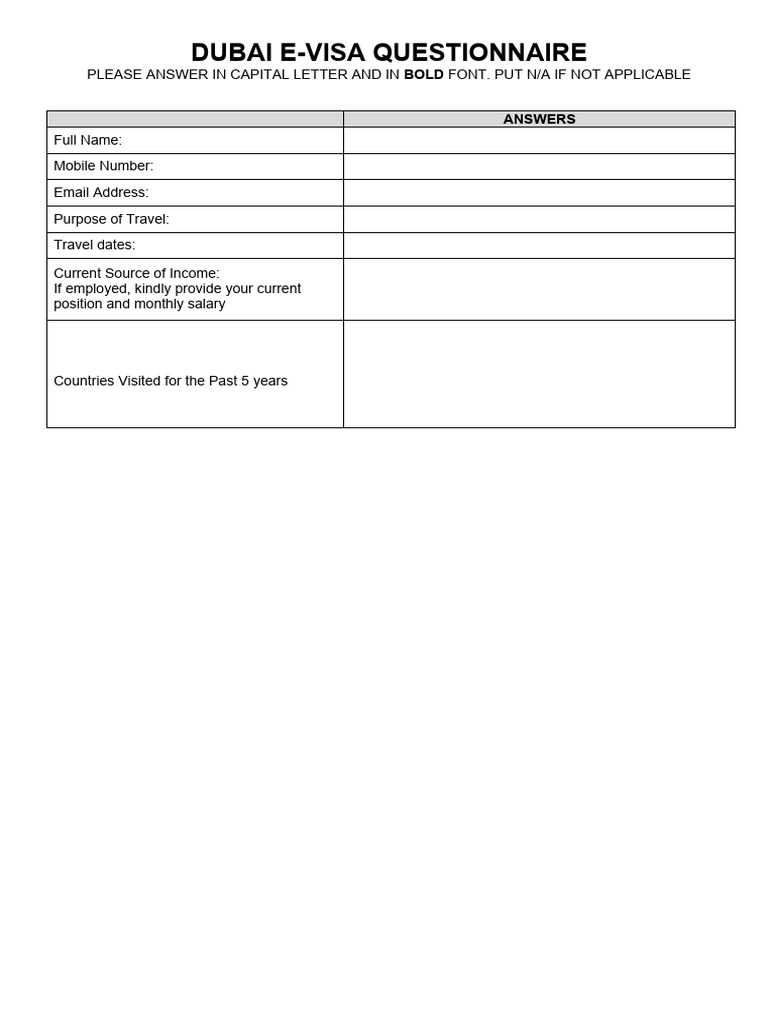 Dubai E-Visa Questionnaire | PDF | Career & Growth